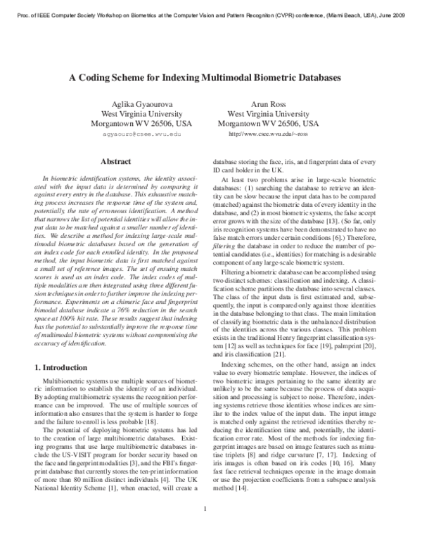 Pdf A Coding Scheme For Indexing Multimodal Biometric Databases