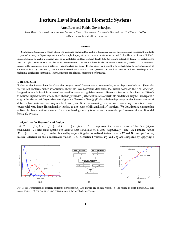 Pdf Feature Level Fusion In Biometric Systems