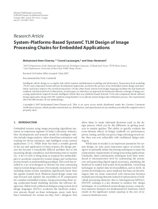 Pdf System Platforms Based Systemc Tlm Design Of Image Processing Chains For Embedded Applications 
