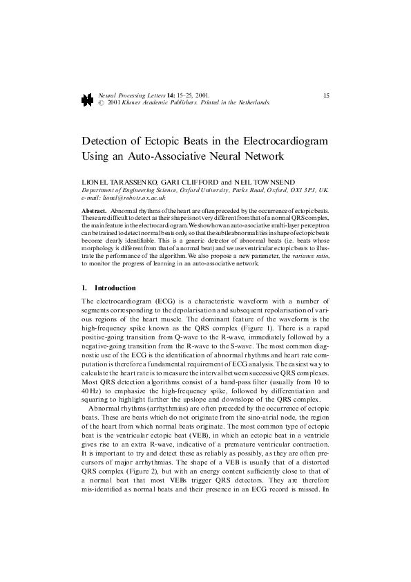 (PDF) Detection of ectopic beats in the electrocardiogram using an auto-associative neural network