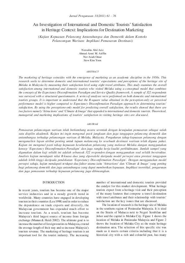 Pdf An Investigation Of International And Domestic Tourists Satisfaction In Heritage Context