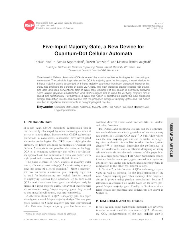 Pdf Five Input Majority Gate A New Device For Quantum Dot Cellular Automata