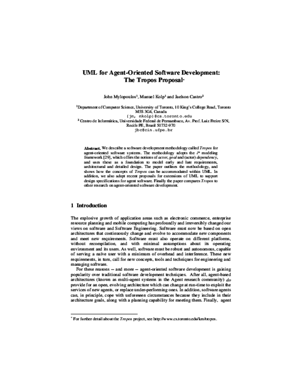 (PDF) UML for agent-oriented software development: The Tropos proposal