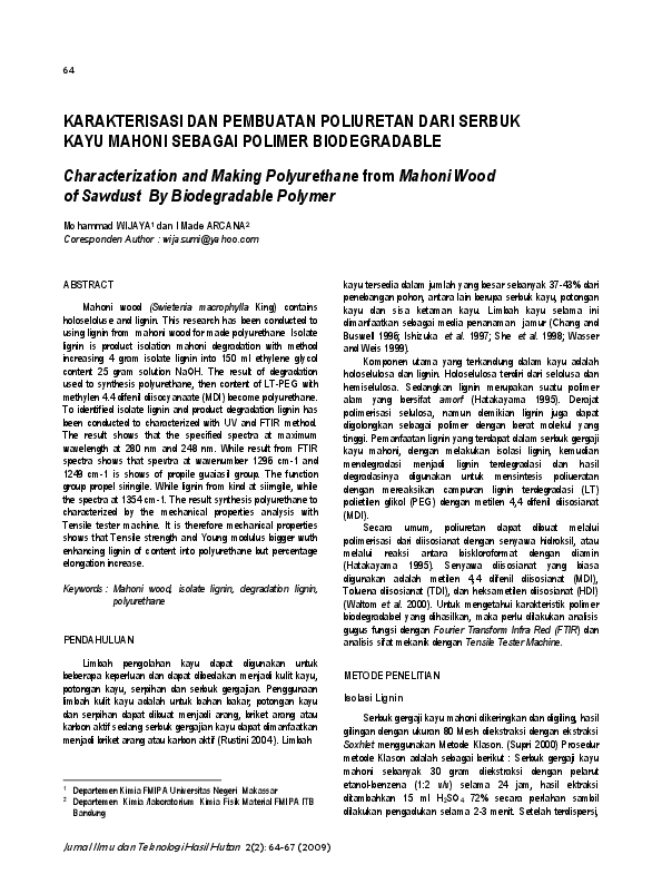 (PDF) KARAKTERISASI DAN PEMBUATAN POLIURETAN DARI SERBUK KAYU MAHONI SEBAGAI POLIMER BIODEGRADABLE