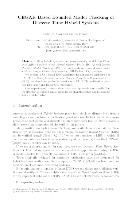 (PDF) CEGAR based bounded model checking of discrete time hybrid systems