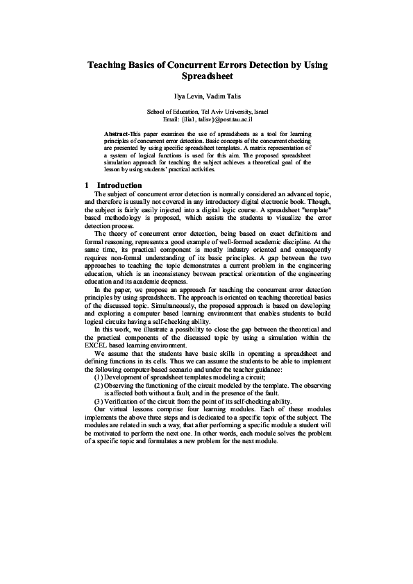 (PDF) Teaching Basics of Concurrent Errors Detection by Using Spreadsheet