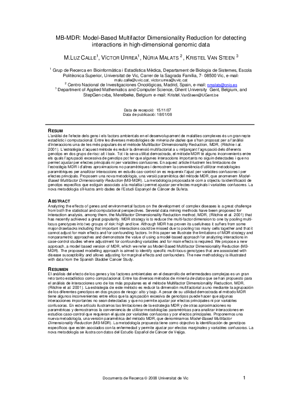 (PDF) MB-MDR: Model-Based Multifactor Dimensionality Reduction for detecting interactions in ...