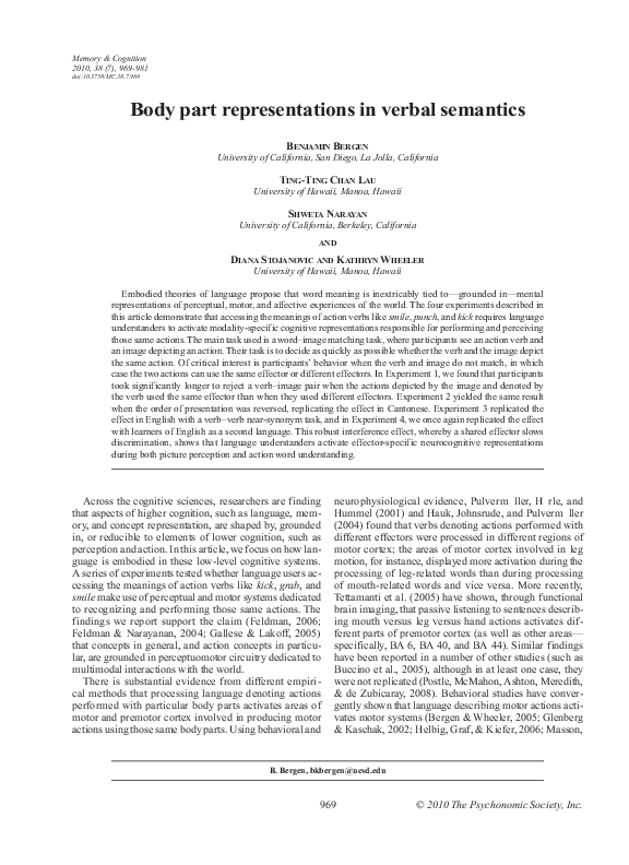 (PDF) Body part representations in verbal semantics
