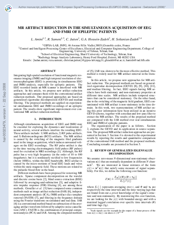 Pdf Mr Artifact Reduction In The Simultaneous Acquisition Of Eeg And Fmri Of Epileptic Patients