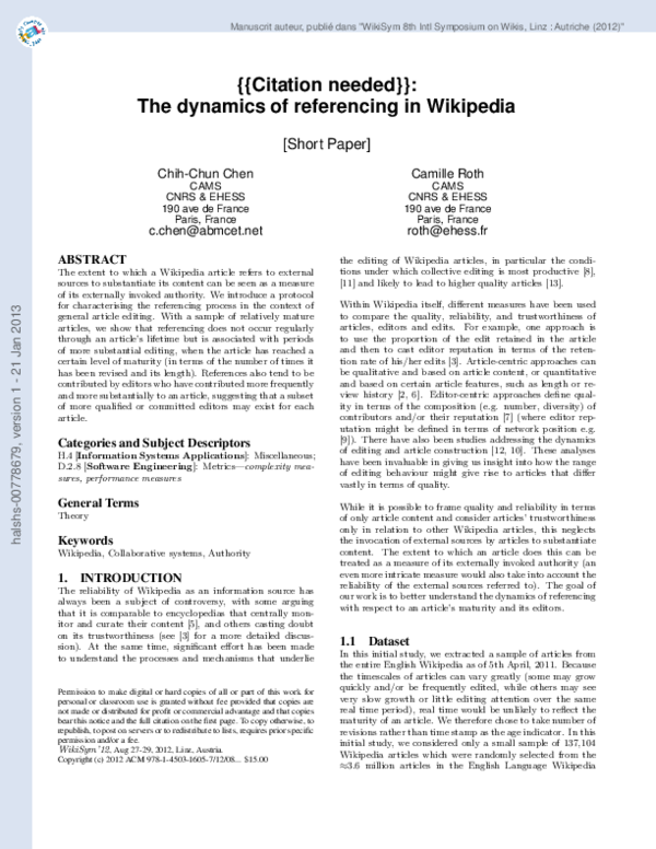 (PDF) {{Citation needed}}: The dynamics of referencing in Wikipedia