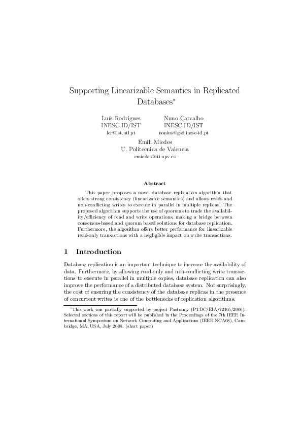(PDF) Supporting linearizable semantics in replicated databases