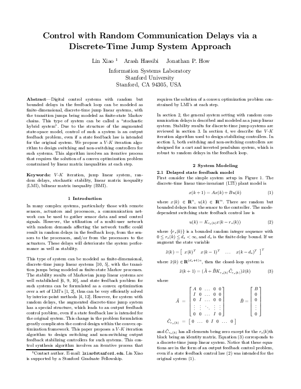 Pdf Control With Random Communication Delays Via A Discrete Time Jump System Approach