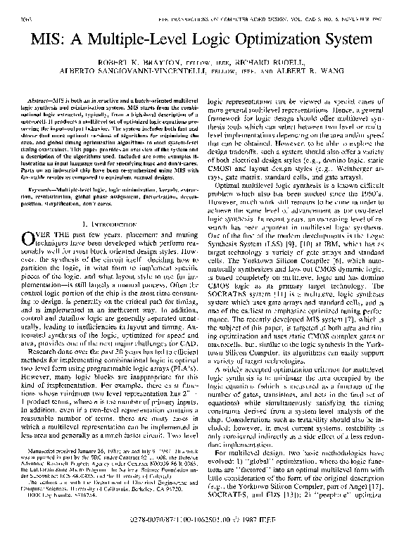 Pdf Mis A Multiple Level Logic Optimization System