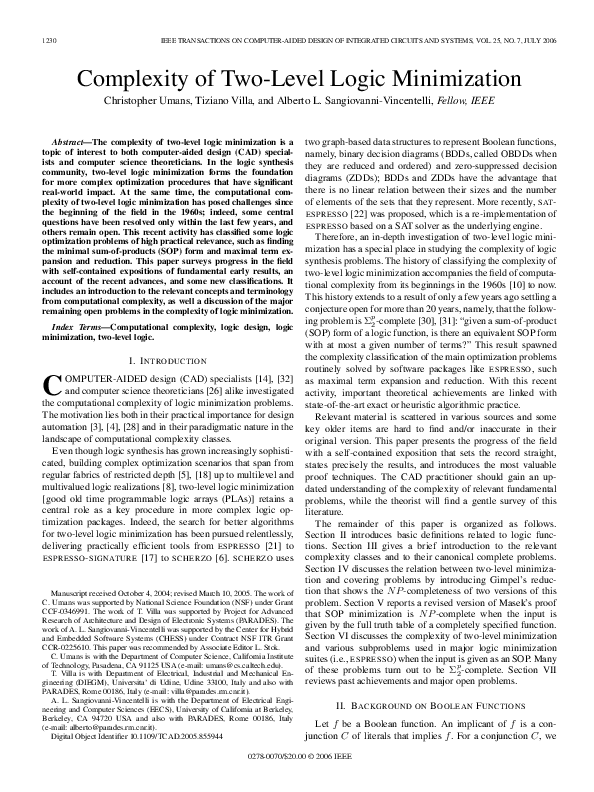 (PDF) Complexity of two-level logic minimization