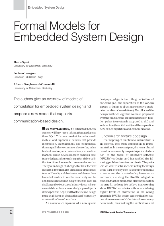 (PDF) Formal models for embedded system design