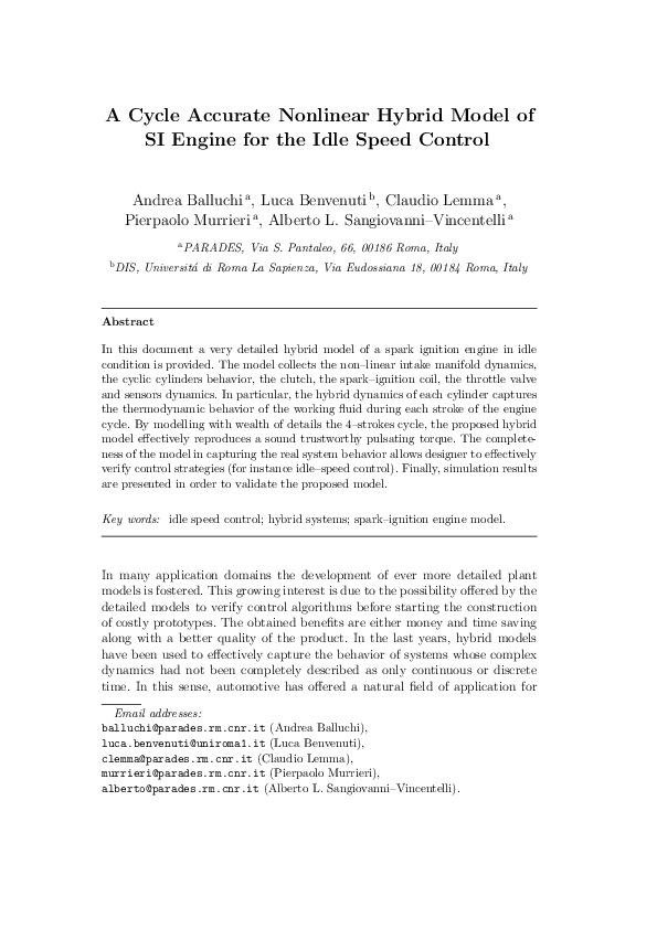 (PDF) A Cycle Accurate Nonlinear Hybrid Model of SI Engine for the Idle ...