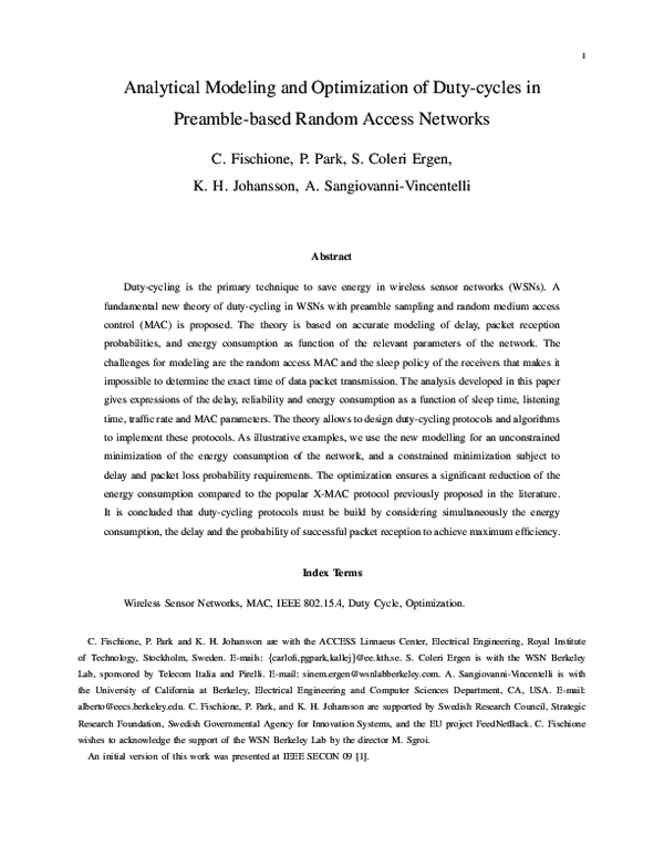 Pdf Analytical Modeling And Optimization Of Duty Cycles In Preamble Based Random Access Networks