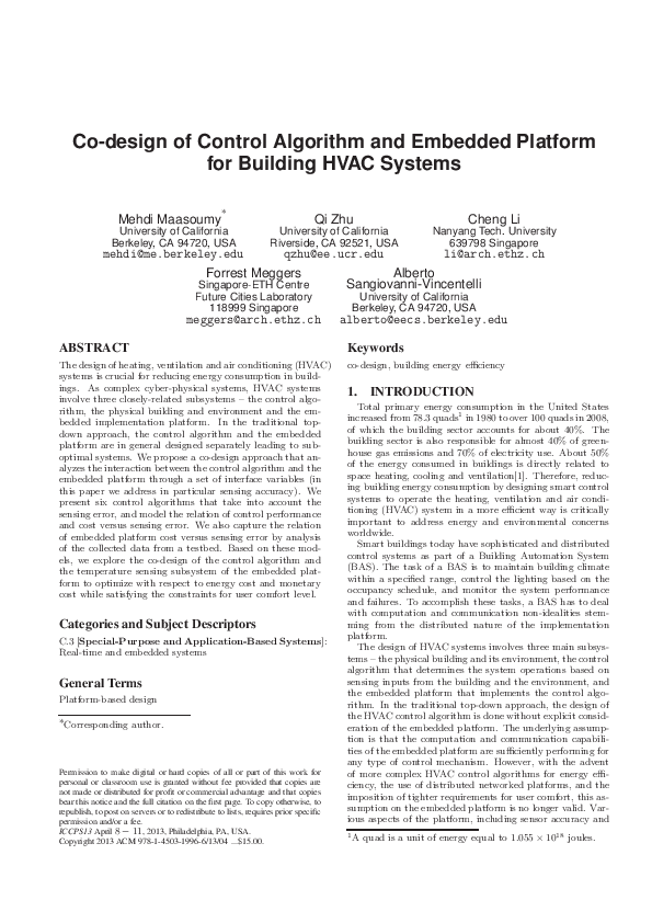 (PDF) Co-design of Control Algorithm and Embedded Platform for HVAC Systems