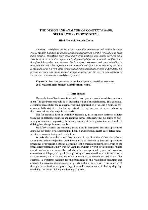 Pdf The Design And Analysis Of Context Aware Secure Workflow Systems