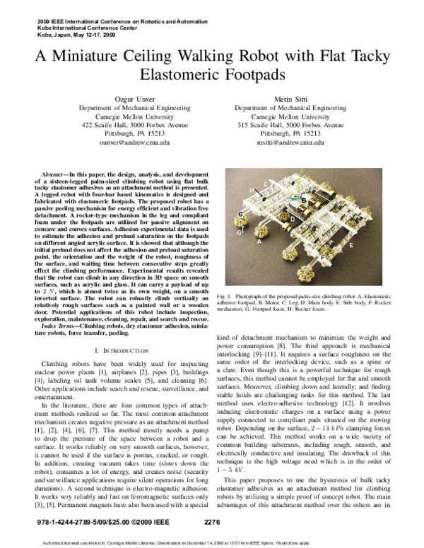 (PDF) A miniature ceiling walking robot with flat tacky elastomeric ...