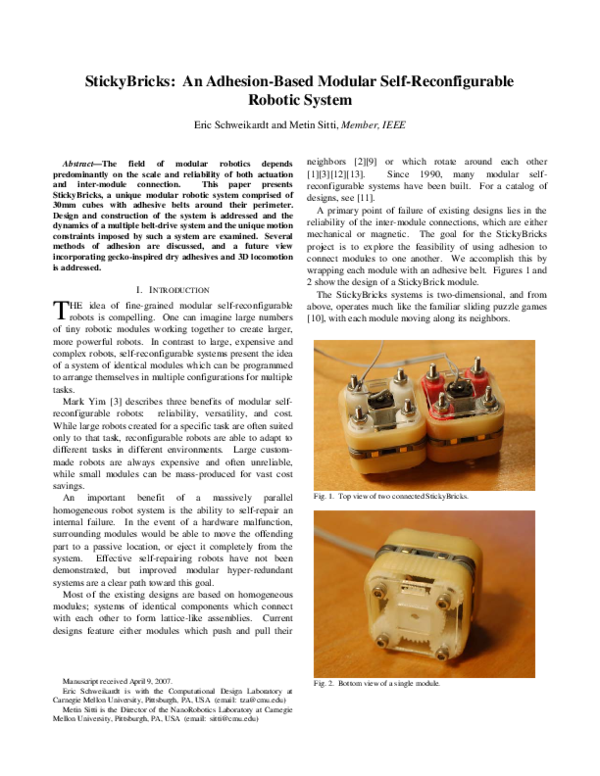 Pdf Stickybricks An Adhesion Based Modular Self Reconfigurable Robotic System