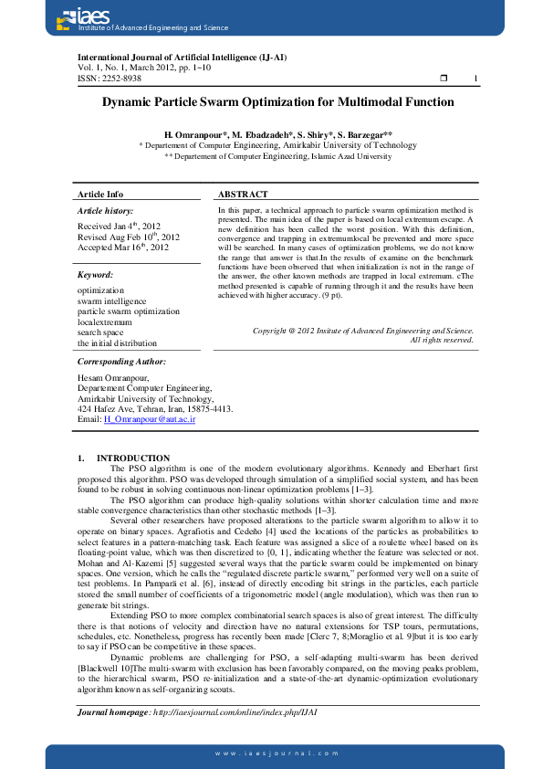 Pdf Dynamic Particle Swarm Optimization For Multimodal Function