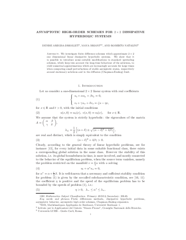 (PDF) Asymptotic High-Order Schemes for 2\times2 Dissipative Hyperbolic Systems
