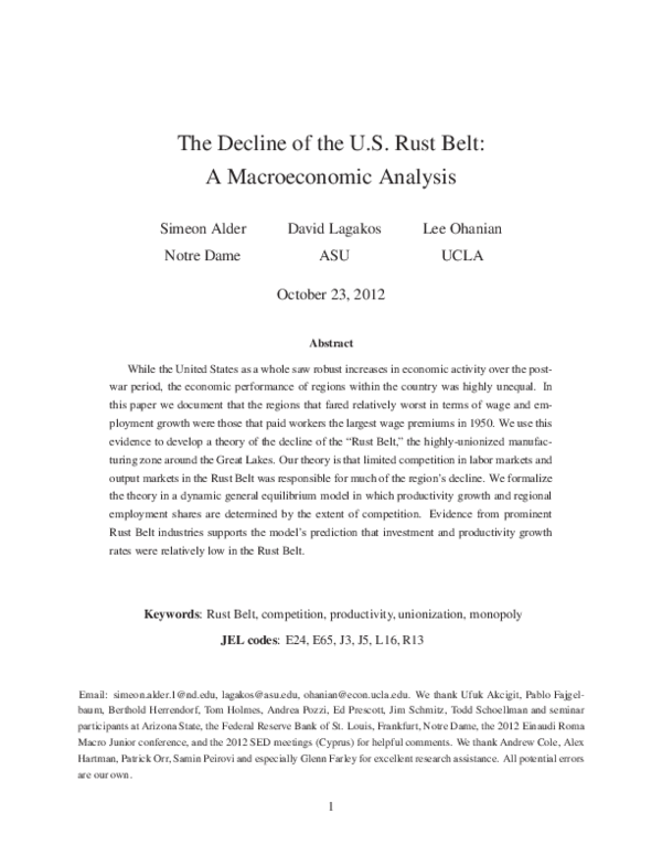 (PDF) The Decline of the US Rust Belt: A Macroeconomic Analysis