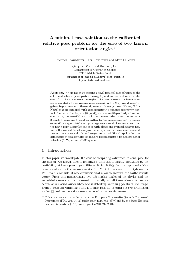 Pdf A Minimal Case Solution To The Calibrated Relative Pose Problem For The Case Of Two Known