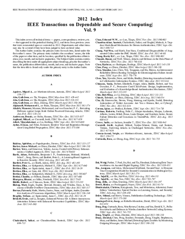 2012 Index Ieee Transactions On Dependable And Secure Computing Vol 9