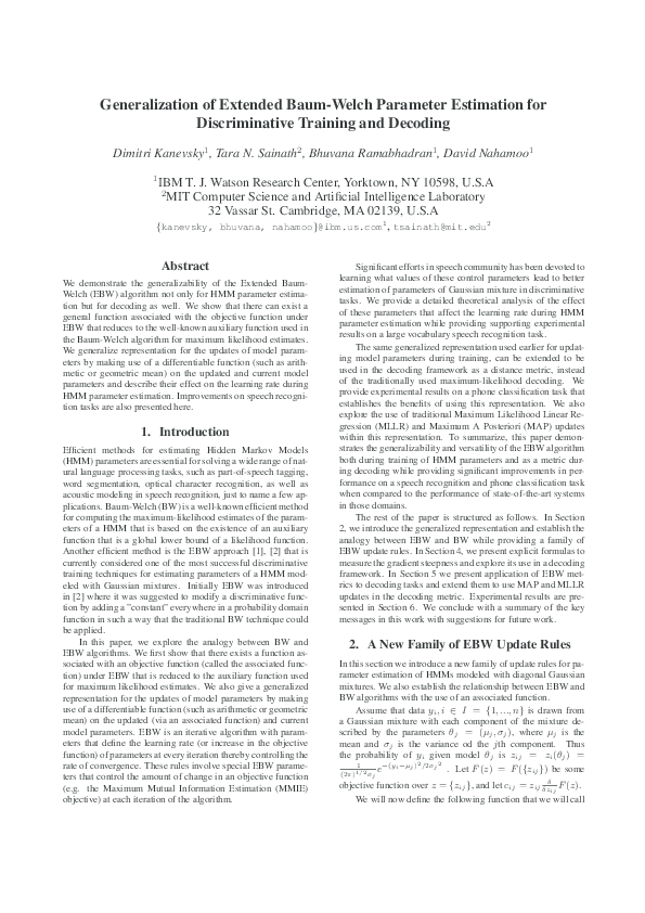 (PDF) Generalization of extended baum-welch parameter estimation for discriminative training and ...