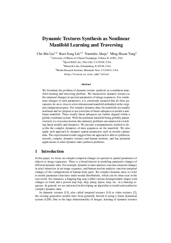 (PDF) Dynamic textures synthesis as nonlinear manifold learning and traversing