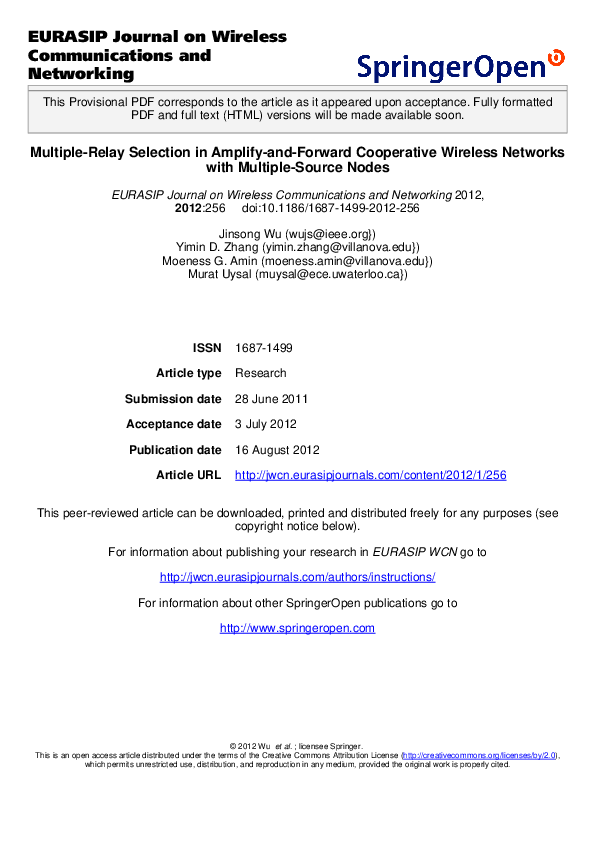 Pdf Multiple Relay Selection In Amplify And Forward Cooperative Wireless Networks With