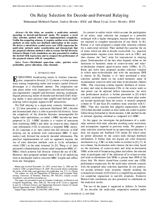 (PDF) On relay selection for decode-and-forward relaying