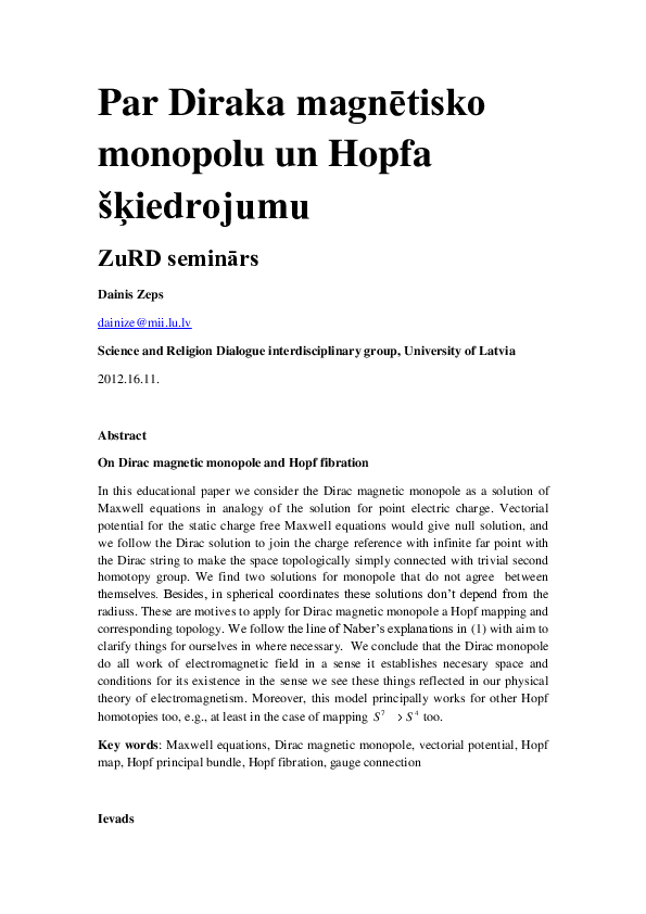 (PDF) On Dirac magnetic monopole and Hopf fibration