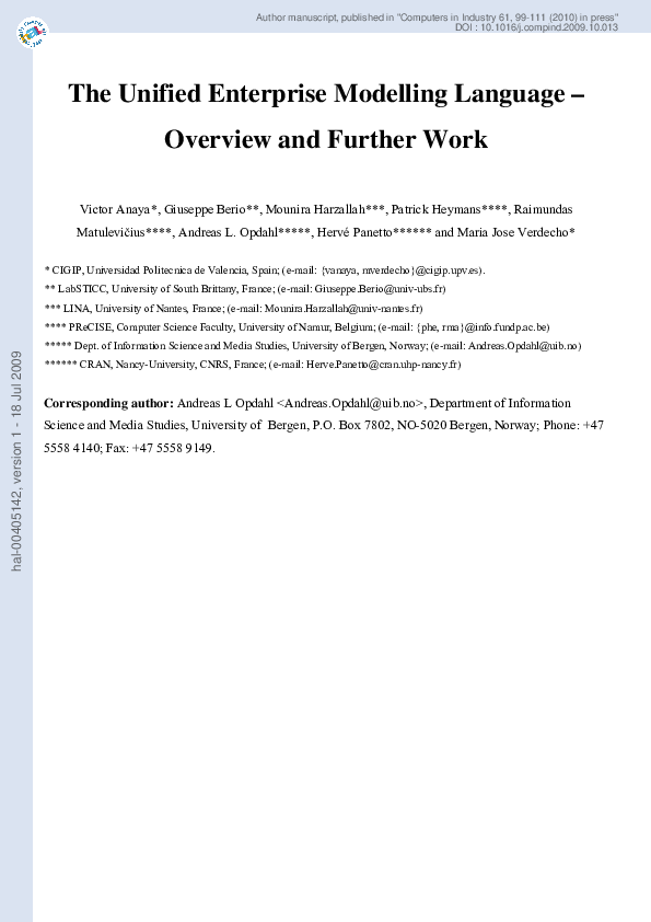 (PDF) The Unified Enterprise Modelling Language--Overview and Further Work