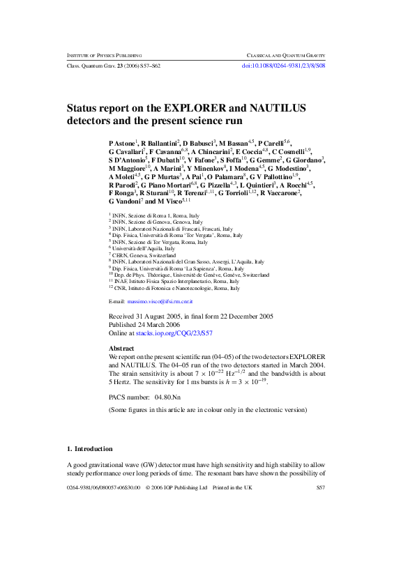 Pdf Status Report On The Explorer And Nautilus Detectors And The Present Science Run