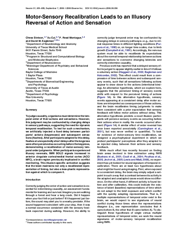 (PDF) Motor-sensory recalibration leads to an illusory reversal of action and sensation