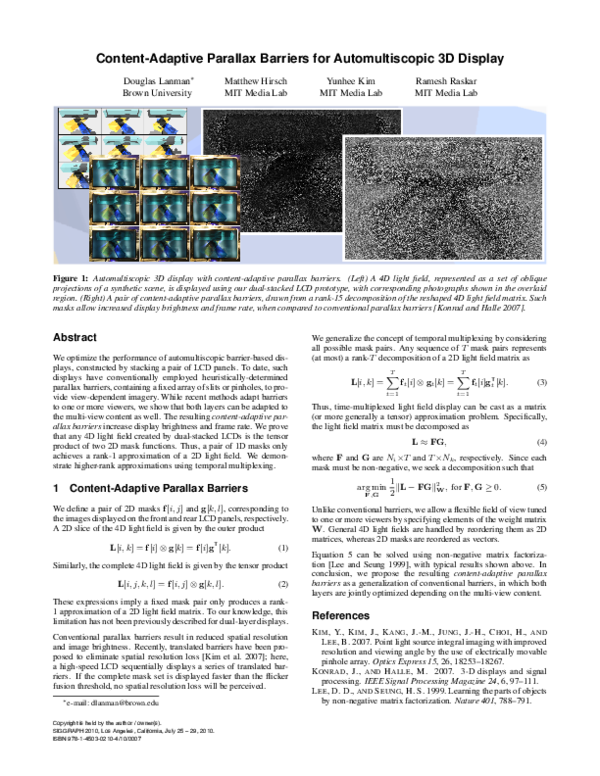 (PDF) Content-adaptive parallax barriers for automultiscopic 3D display