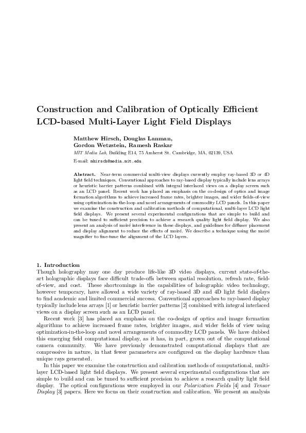 Pdf Construction And Calibration Of Optically Efficient Lcd Based Multi Layer Light Field Displays
