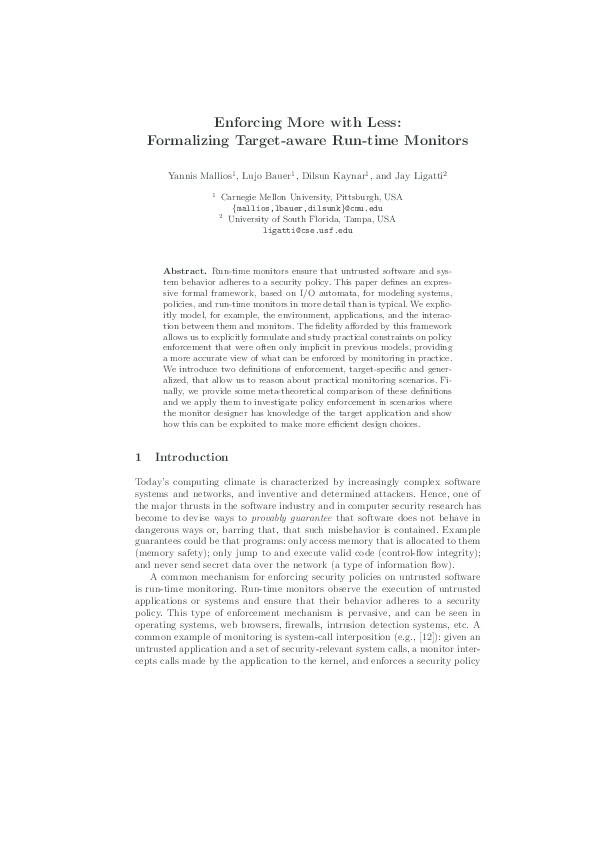 (PDF) Enforcing More with Less: Formalizing Target-aware Run-time Monitors
