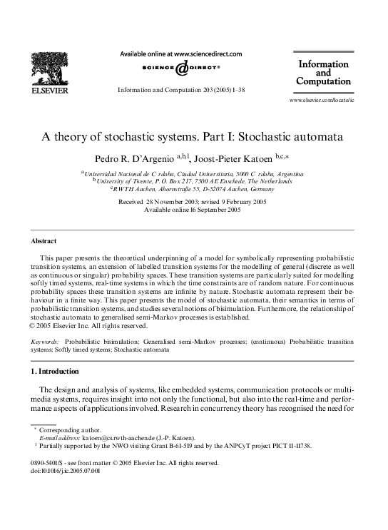 Pdf A Theory Of Stochastic Systems Part I Stochastic Automata