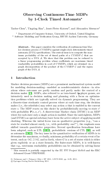 (PDF) Observing continuous-time MDPs by 1-clock timed automata