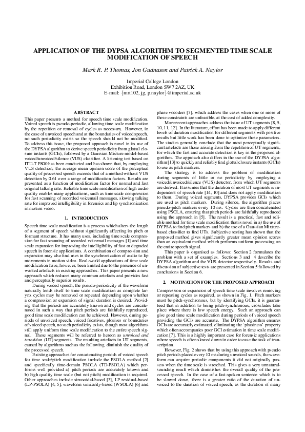 (PDF) Application of the DYPSA algorithm to segmented time-scale modification of speech