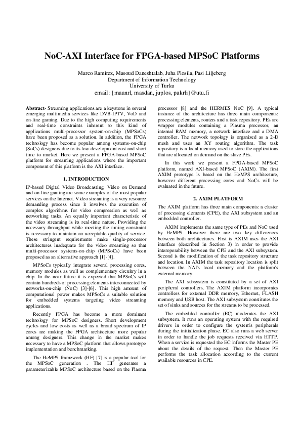 (PDF) NoC-AXI interface for FPGA-based MPSoC platforms