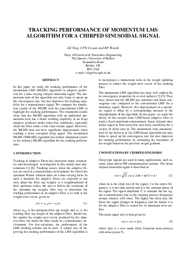 (PDF) Tracking performance of momentum LMS algorithm for a chirped sinusoidal signal