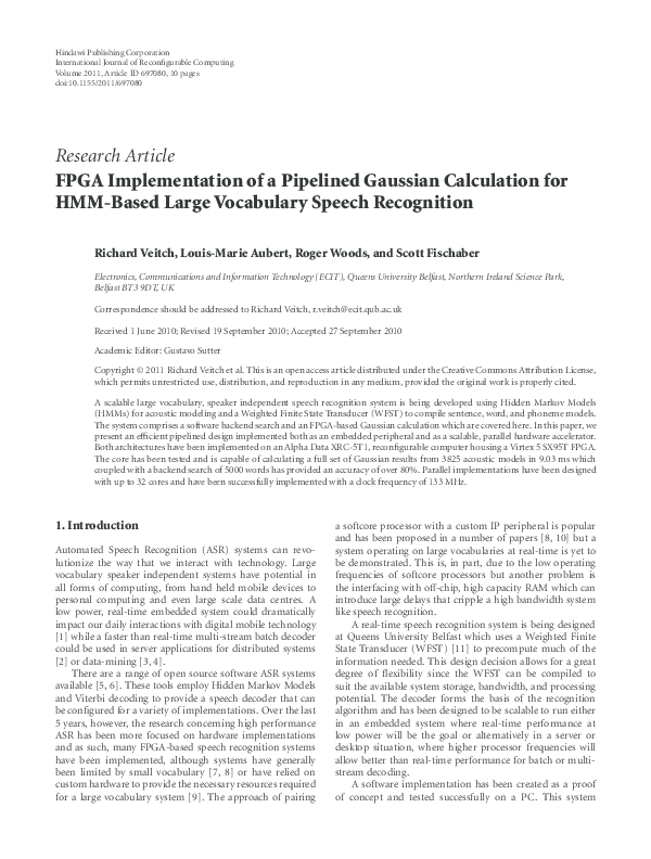 (PDF) FPGA implementation of a pipelined Gaussian calculation for HMM-based large vocabulary ...