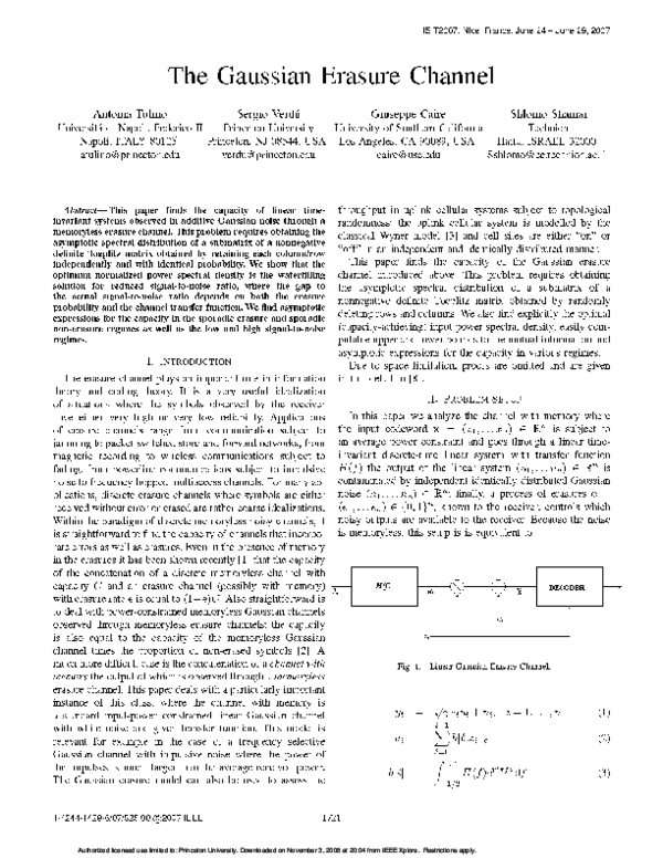(PDF) The Gaussian erasure channel