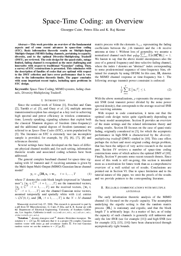 Pdf Space Time Coding An Overview