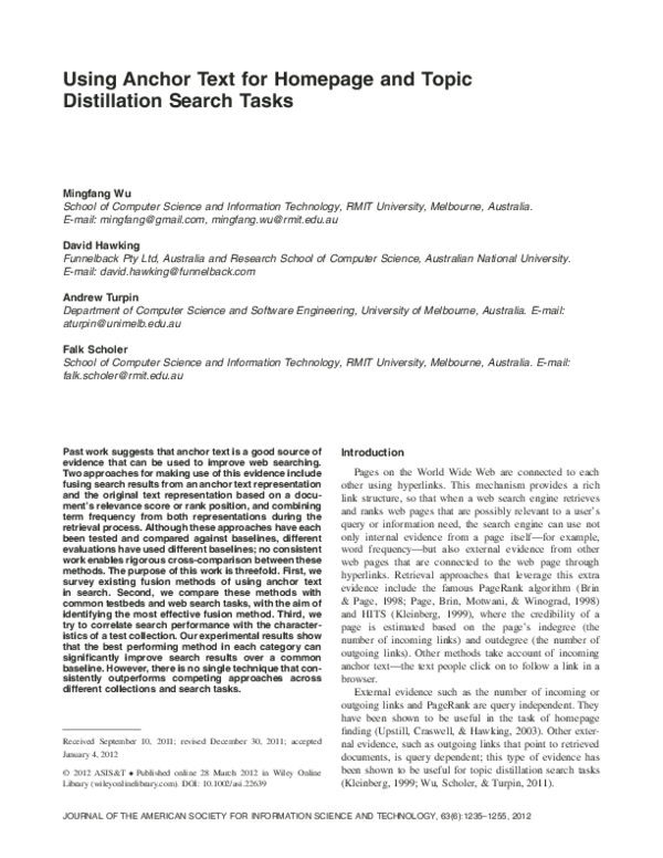 Using anchor text for homepage and topic distillation search tasks